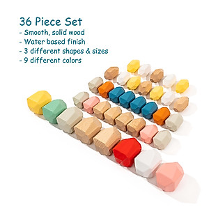 JumpOff Jo - 36 Piece Wooden Balancing Blocks & Stacking Stones Set - Montessori Toys for Toddlers - Sensory Building Stones, Educational & Natural Toys for Kids