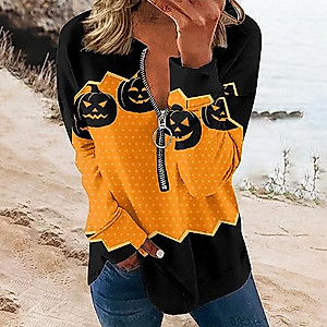 Fall Quarter Zip Collar Sweatshirts for Women Lapel Long Sleeve Blouses Sweatshirts Oversized Comfy Pullover Loose Fitting Graphic Blouse Zipper Quarter Zip Tops Printed V-Neck Tunic Top