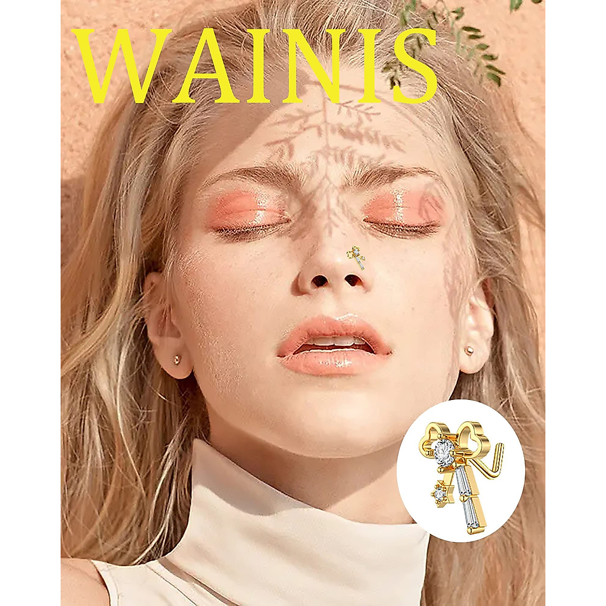 WAINIS 12pcs 20G Dangle Nose Rings Studs for Women Stainless Steel L Shaped Nose Studs Heart Arrow Feather Snowflake Wing CZ Dangling Nose Piercing Jewelry Gold