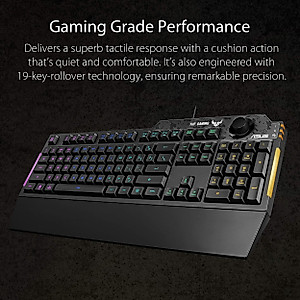 ASUS Membrane Gaming Keyboard for PC - TUF K1 | Programmable, Onboard Memory | Dedicated Volume Knob, Aura Sync RGB & Side Lighting | Detachable Wrist Rest | Spill-Resistant | Highly Durable | Black