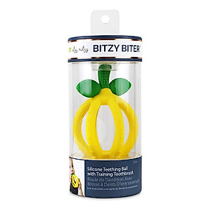 Itzy Ritzy Teething Ball & Training Toothbrush - Silicone, BPA-Free Bitzy Biter Lemon-Shaped Teething Toy Features Multiple Textures to Soothe Gums & an Easy-to-Hold Design (Lemon)