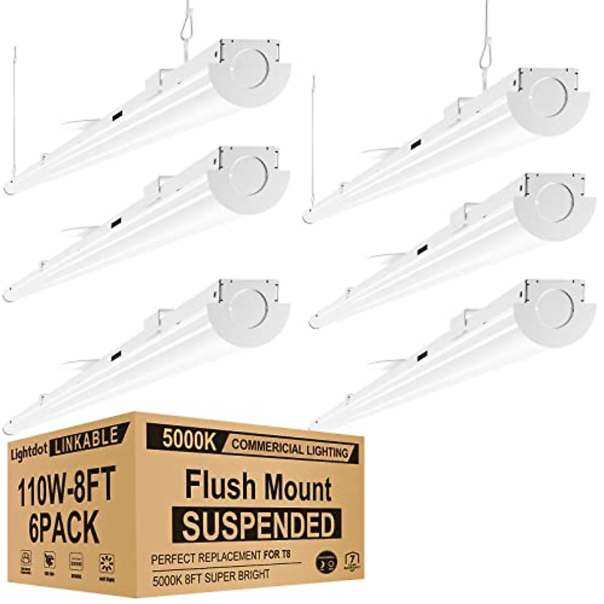 Lightdot Compact 8FT LED Shop Light, Suspend/Flush Mount Comercial Lighting, 110W [Eqv. to 440W HPS/WH] 5000K Daylight Shop Lights Fixtures for Workshop, Energy-Saving up to 4015W/5Y(5hrs/Day) 6Pack