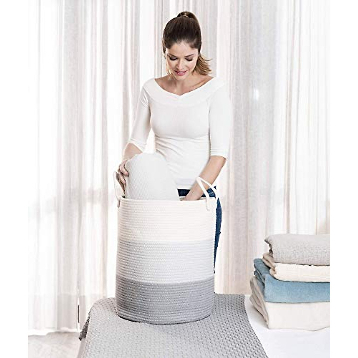 OrganiHaus Gray Nursery Laundry Basket 15x18 | Farmhouse Hamper Basket | Extra Large Storage Basket | Blanket Basket for Living Room | Baby Laundry Hamper | Toy Basket for Kids | Soft Pillow Basket