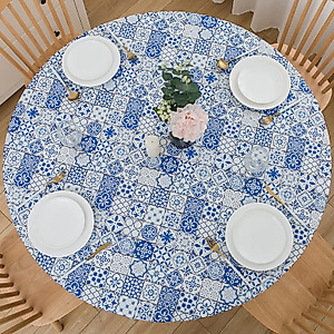 LIBERECOO Round Vinyl Fitted Tablecloth with Flannel Backing Elastic Edge Plastic Table Cover Waterproof Table Cloth Stain-Resistant Wipeable for 40"-44" Round Table
