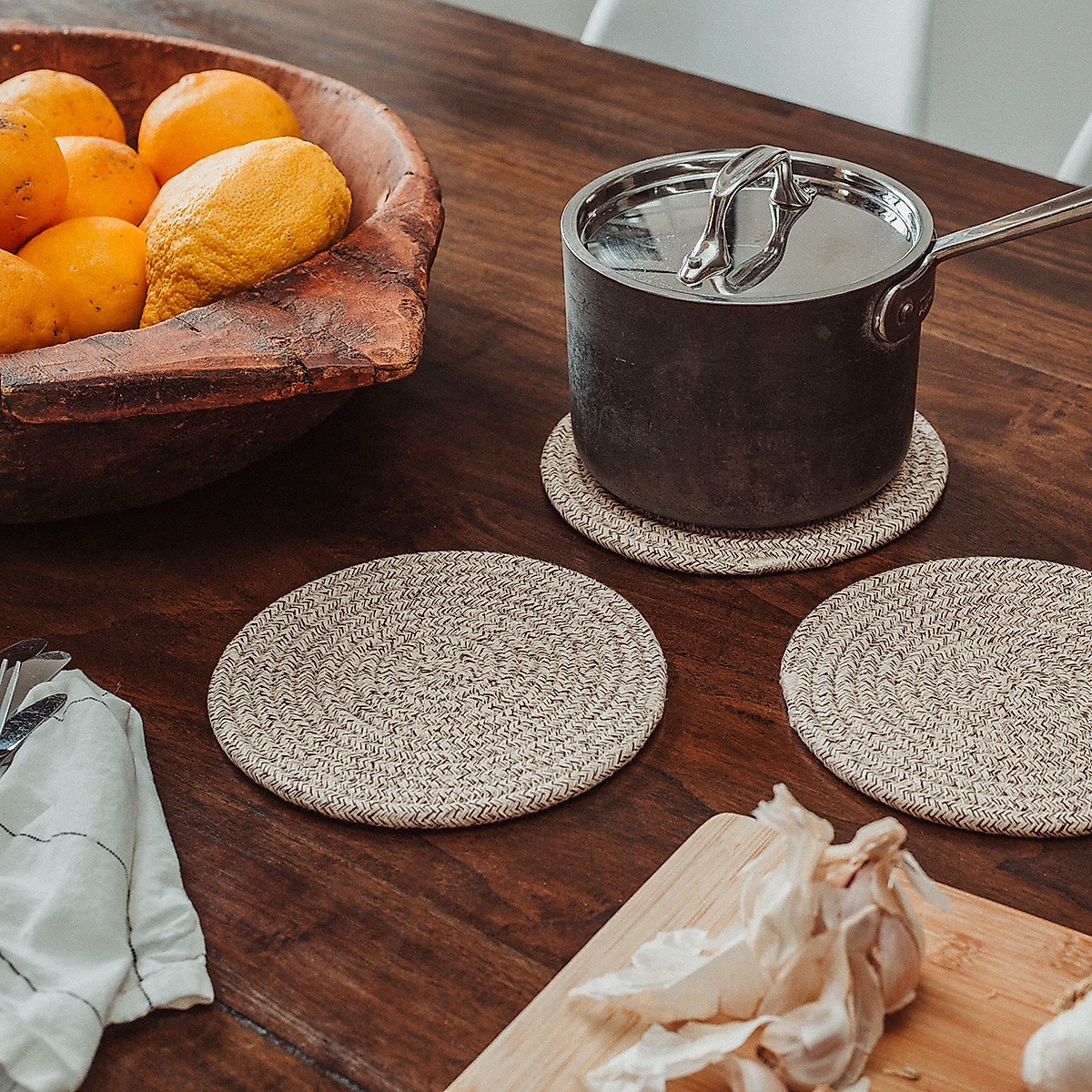 OrganiHaus Set of 3 Brown Farmhouse Hot Pads for Kitchen | 7" Cotton Pot Holders for Hot Plates to Protect Table | Hot Pads for Countertops | Trivets for Hot Dishes | Trivets for Hot Pots and Pans