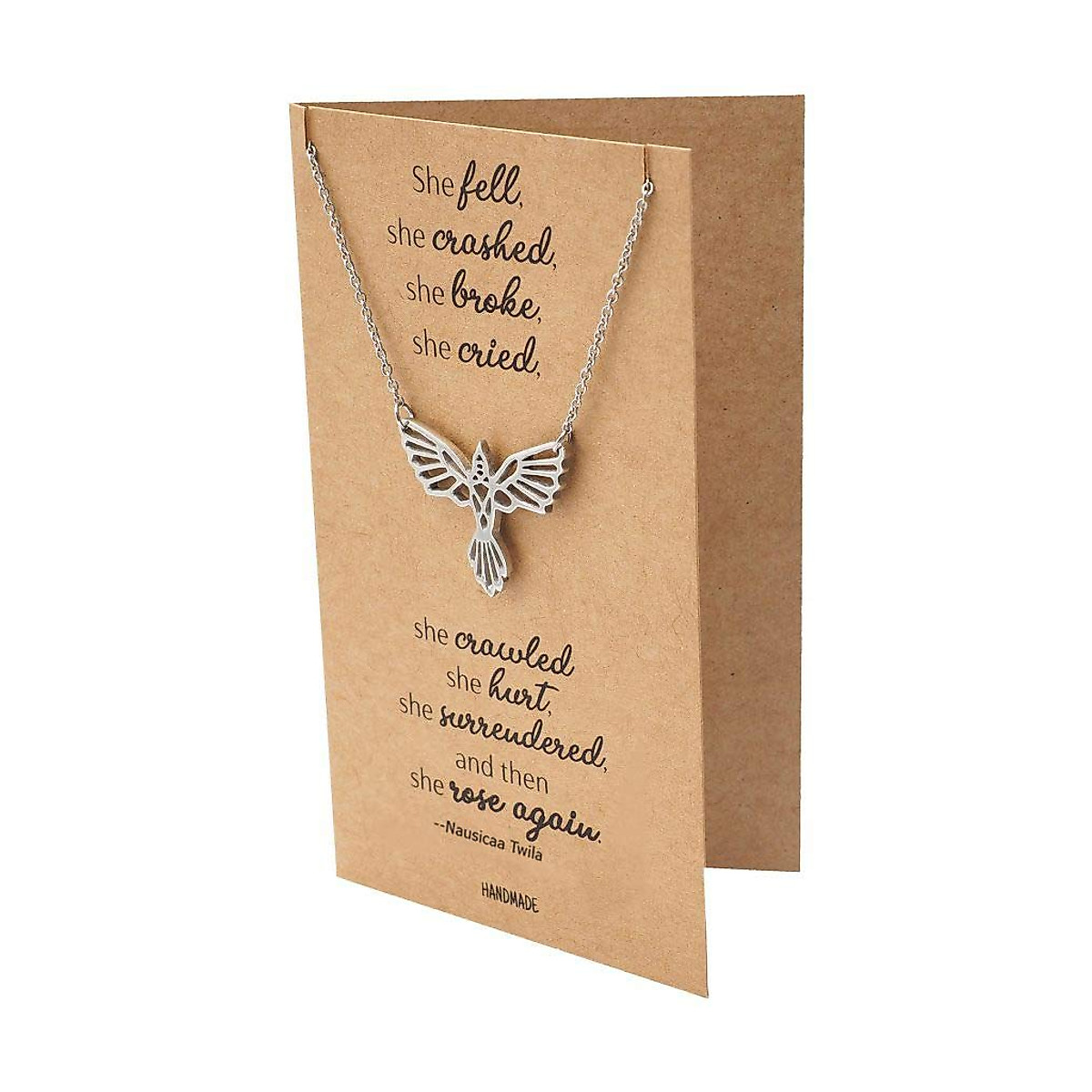 quan jewelry Phoenix Pendant Women Necklace, Bird Charm with Motivational Quote Card,Gift for Mom, Sister - Handmade (Silver Tone)