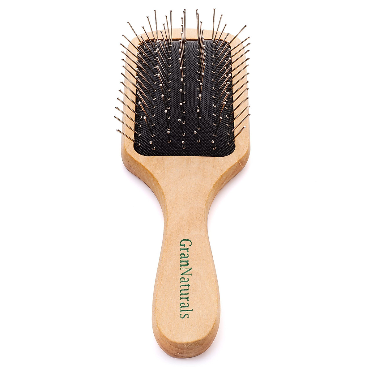 GranNaturals Metal Pin Bristle Hair Brush - Detangling, Anti-Static Paddle Grooming Tool - Rounded Steel Bristles, Ergonomic Wooden Handle - Scalp Massaging Comb - For Normal, Curly, Thick Hair, Wigs