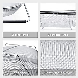 Over the Sink Colander Strainer Basket with Rubber Grip, 6 Quart Stainless Steel Vegtable Fruit Colanders Strainers with Steady Base, Expandable Metal Strainer for Kitchen Sink