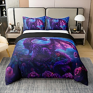 Erosebridal 100% Cotton 3D Dragon Duvet Cover Twin Size, Animals Starry Sky Printed Comforter Cover, Flowers Safari Bedroom Decor Bedding Set for Bed, Purple Blue Wildlife Kids Boys Quilt Cover