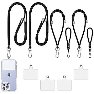 Universal Phone Lanyard, 2× Crossbody Cell Phone Lanyard, 2× Adjustable Wrist Strap, 2× Finger Strap, 4× Phone Patch Compatible with Most Mobile Phone(Black)