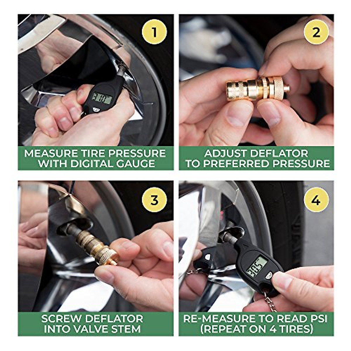 Real 4X4 4 Tire Air Deflators for Offroad Vehicles, Cars, ATVs, Jeep Wranglers and Four Wheelers - Valve Deflator with Pressure Gauge Automatic Deflating Brass Kit for Tubes and Tires (6-30 PSI)