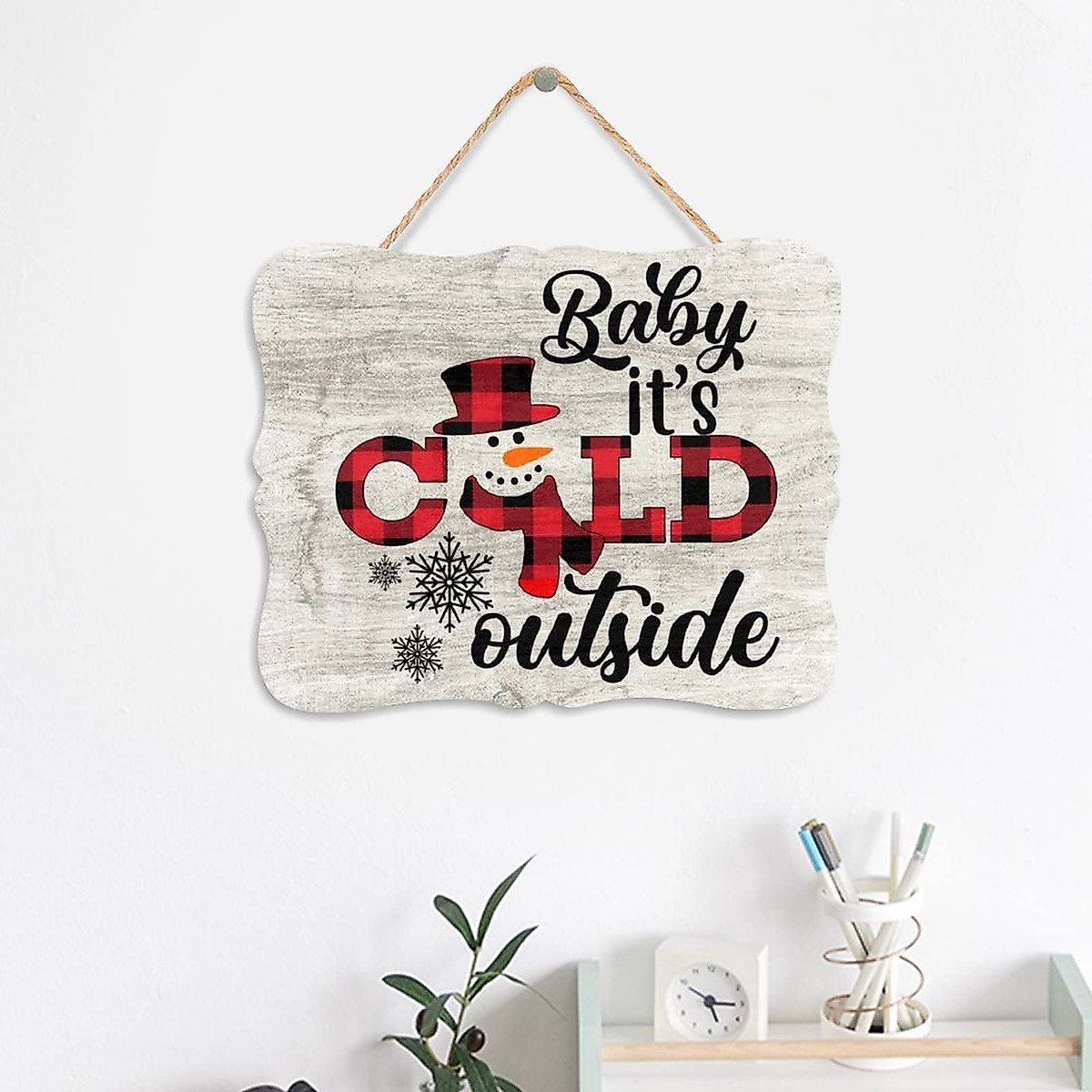 Baby It's Cold Outside Wood Sign Red Black Plaid Snowman Christmas Wooden Sign Christmas Sign Wall Hanging Plaque Holiday Home Decoration for Front Door Garden Porch Bedroom