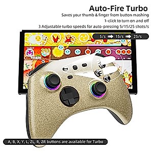 Mytrix Gold Wireless Switch Controller Compatible with Nintendo Switch/OLED/Lite Steam Deck, Pro Controller with Turbo, Motion, Vibration, Wake-Up, Headphone Jack and Dynamic Joystick RGB Lighting