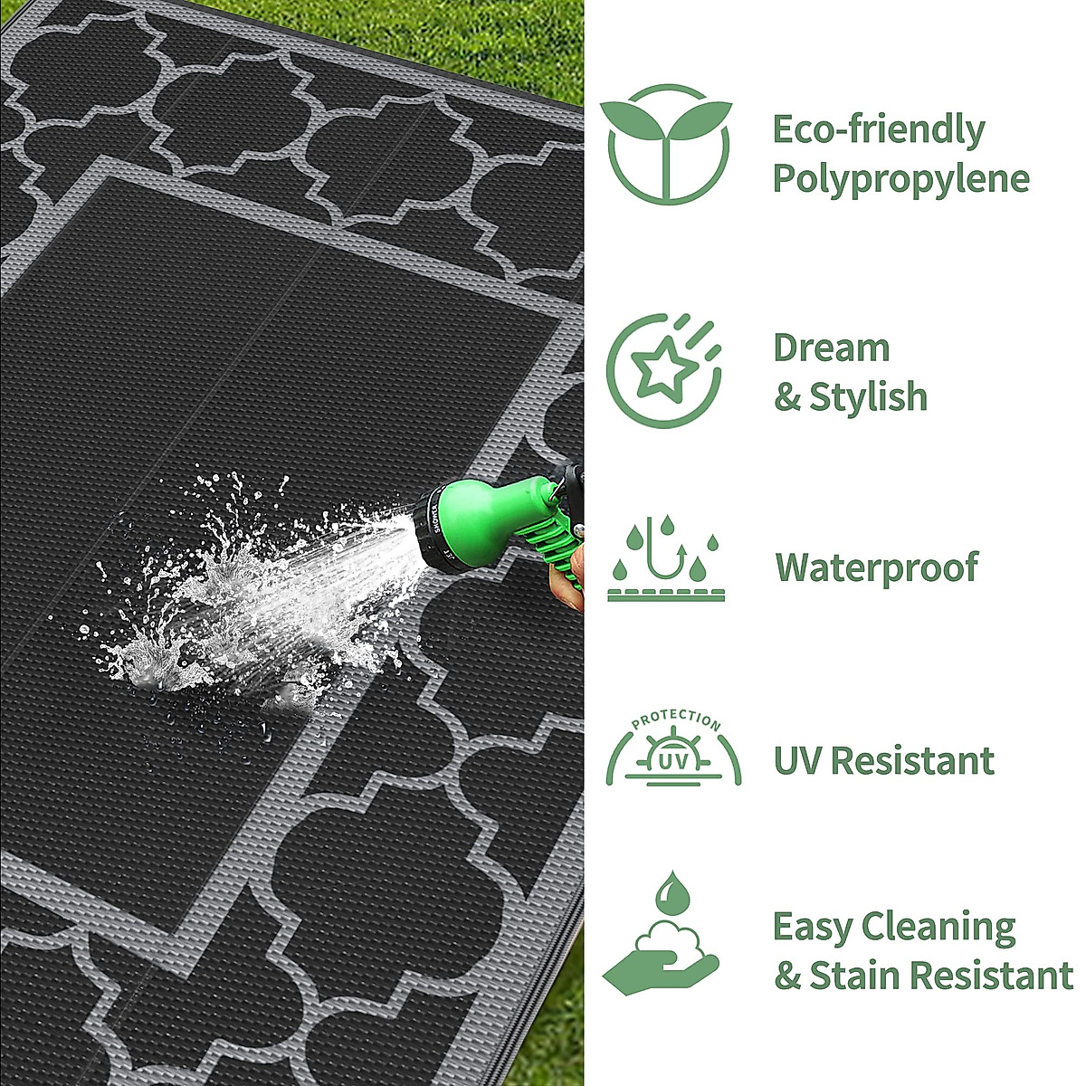 GENIMO 9' x 12' Outdoor Rug Waterproof for Patio Decor, Foldable Reversible Plastic Straw Area Rugs Mat for Camper, Outside Carpet for Rv, Deck, Porch, Picnic, Beach, Balcony, Black & Grey