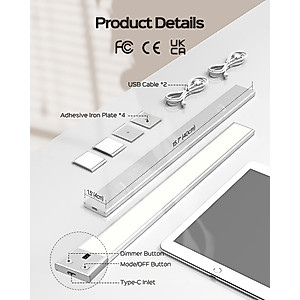 JACKYLED 15.7 Inch Under Cabinet Lights, Led Under Cabinet Lighting Wireless Hand Wave Sensor Lights Indoor, USB-C Magnetic Lights Rechargeable 3000mah Battery Under Counter Lights For Kitchen, 2 Pack