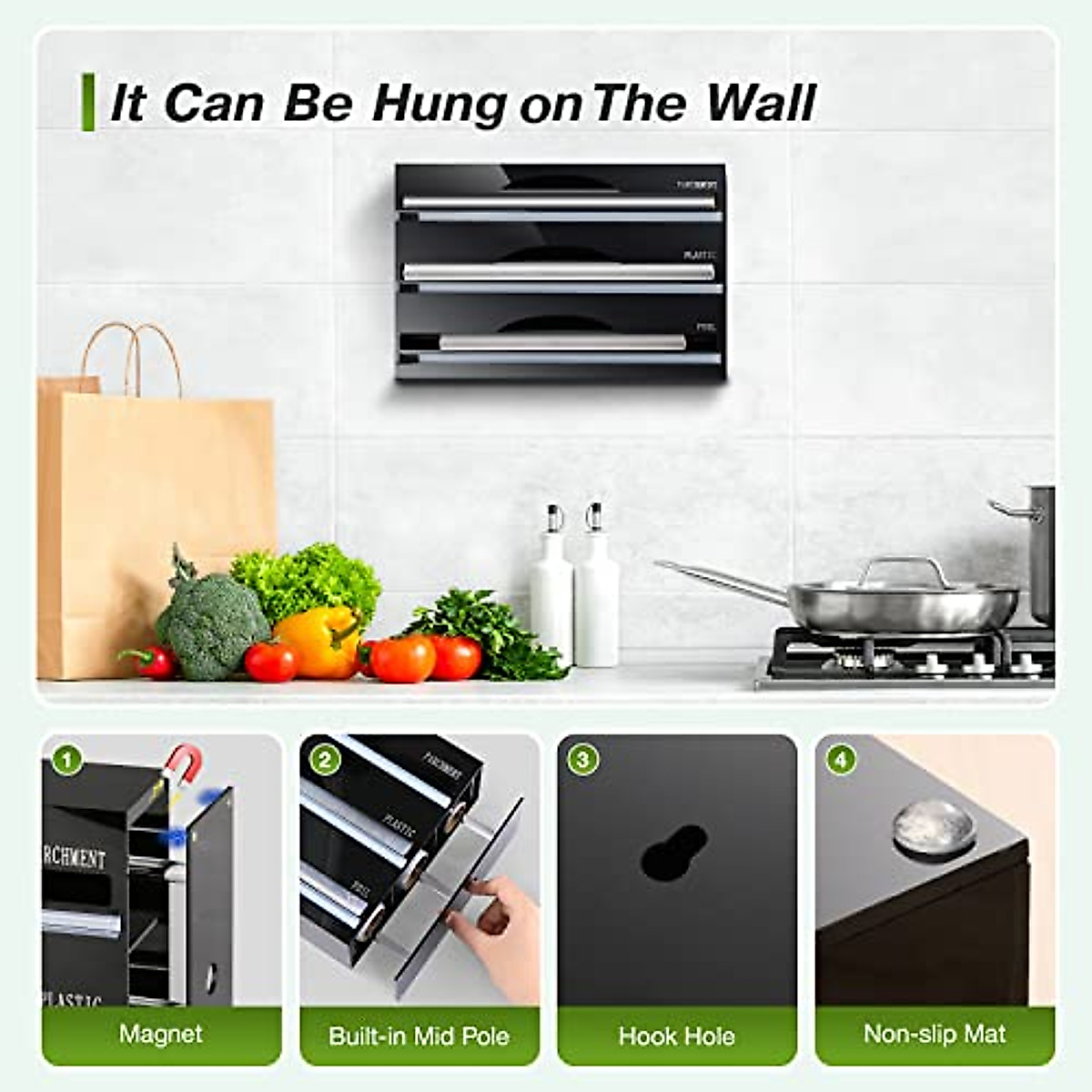 3 in 1 Acrylic Plastic Wrap Dispenser with Slide Cutter and Holder, Saran Wrap, Aluminum Foil and Parchment Paper Organizer Holder for Kitchen Drawer, Fits 12" Roll, Black