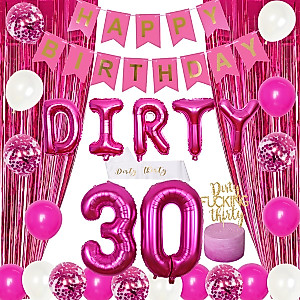 Fangleland 30th Birthday Party Decorations for Her Hot Pink Dirty Thirty Banner Balloon Dirty 30 Sash Cake Topper for 30 Years Old Birthday Party Supplies
