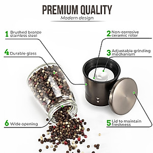 Pepper Grinder or Salt Shaker for Professional Chef - Best Spice Mill with Brushed Stainless Steel, Special Mark, Ceramic Blades, and Adjustable Coarseness (Dark Bronze)
