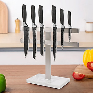 BathAce Magnetic Knife Block Holder Stand with Marble Base for Countertop, Stainless Steel Knife Rack with Strong Enhanced Magnets Strip for Kitchen Utensil and Tool Organizers, Brushed Nickel