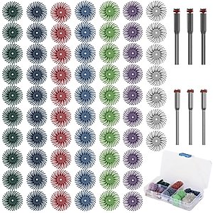 76Pcs 1 Inch Mini Radial Bristle Disc Mix Kit with 2.35mm/3mm Mandrels for Rotary Tools Accessories Cleaning Deburring Sanding, Grit 80/120/220/400/600/1000/2500 Abrasive Buffing Wheel Polishing Bits