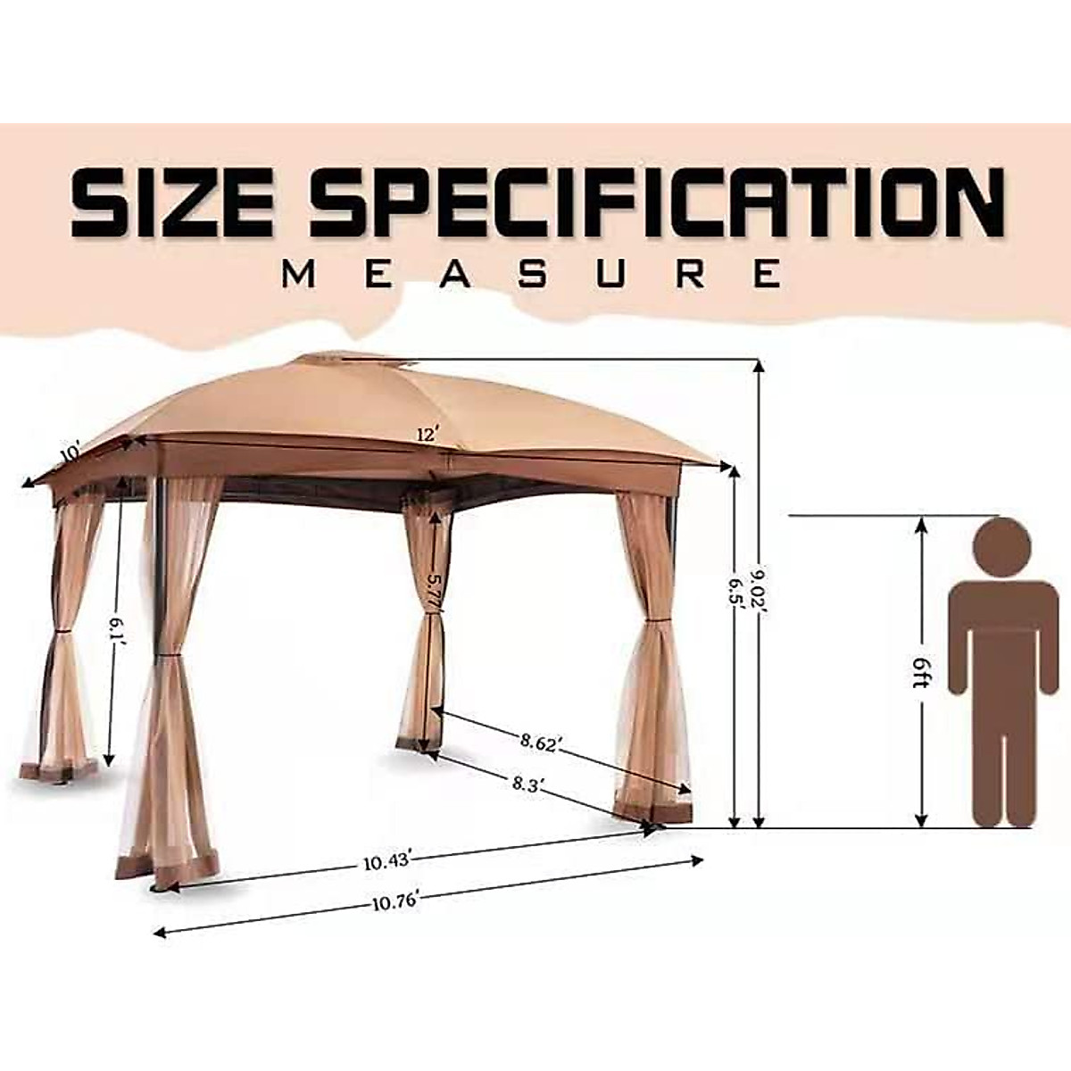 Gazebo for Patio, FAB BASED 10x12 Gazebo, Double Vent Canopy Gazebo, Outdoor Gazebo with Privacy Netting, Easy Setup Patio Pavilion with Steel Frame Strong Legs for Lawn, Backyard, Deck (Khaki)