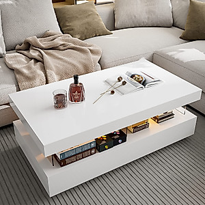 IKIFLY Modern High Glossy Coffee Table, White Coffee Table with 2 Storage Drawers and Acrylic Design Open Space, Rectangle Coffee Table with 16 Colors LED Lights for Living Room