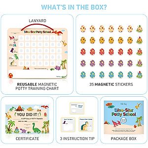 Potty Training Chart for Toddlers,Boys,Girls - Dinosaur Design - Magnetic Sticker Chart, Waterproof Magnetic Potty Training Reward Chart, Certificate, 3 Instruction Steps, 35 Magnetic Stickers (Beige)