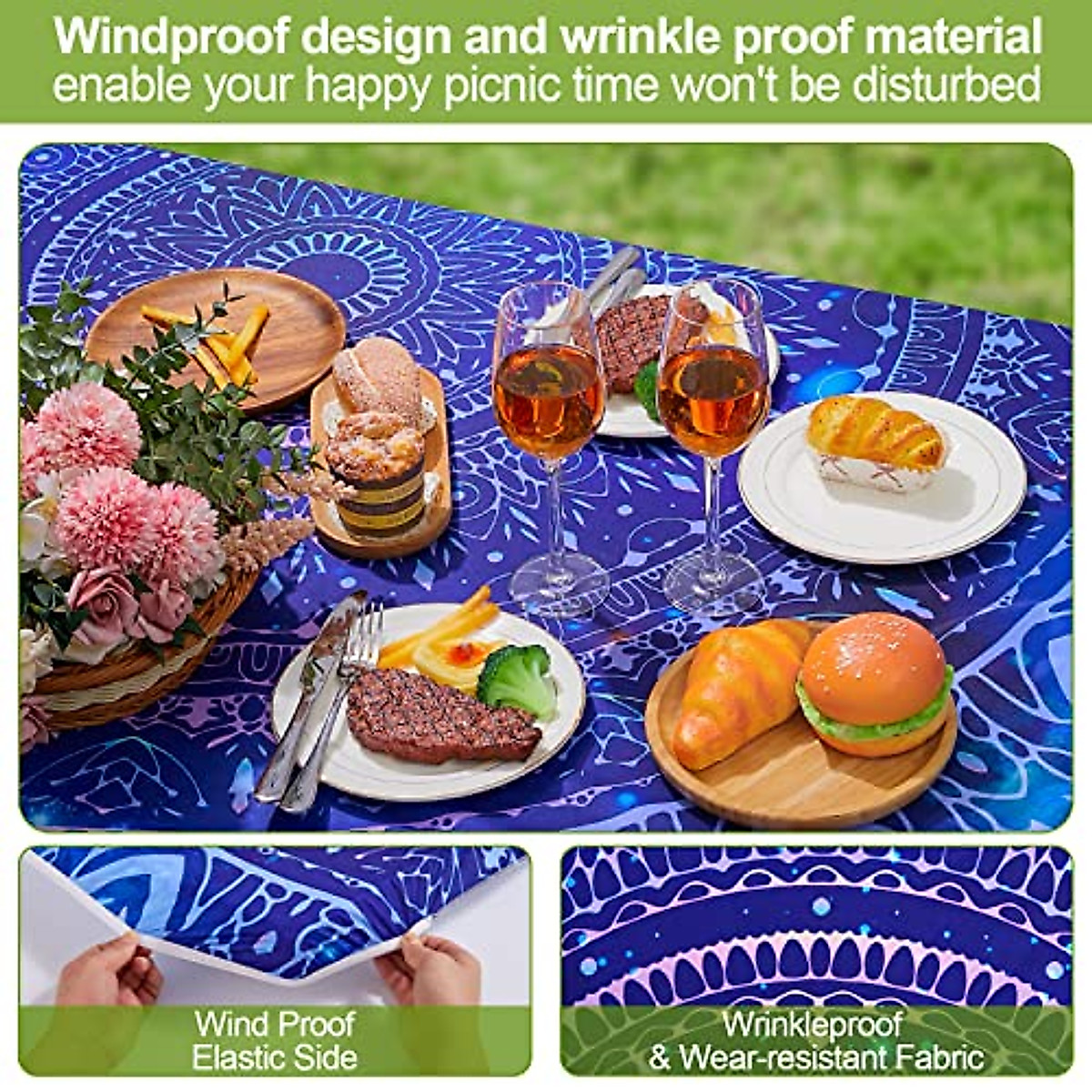 Picnic Table Cover with Bench Covers 3 Pcs Waterproof Windproof Camping Tablecloth with Drawstring Bag, Fitted for 6 Foot Rectangle Tables and Seats, Blue Purple