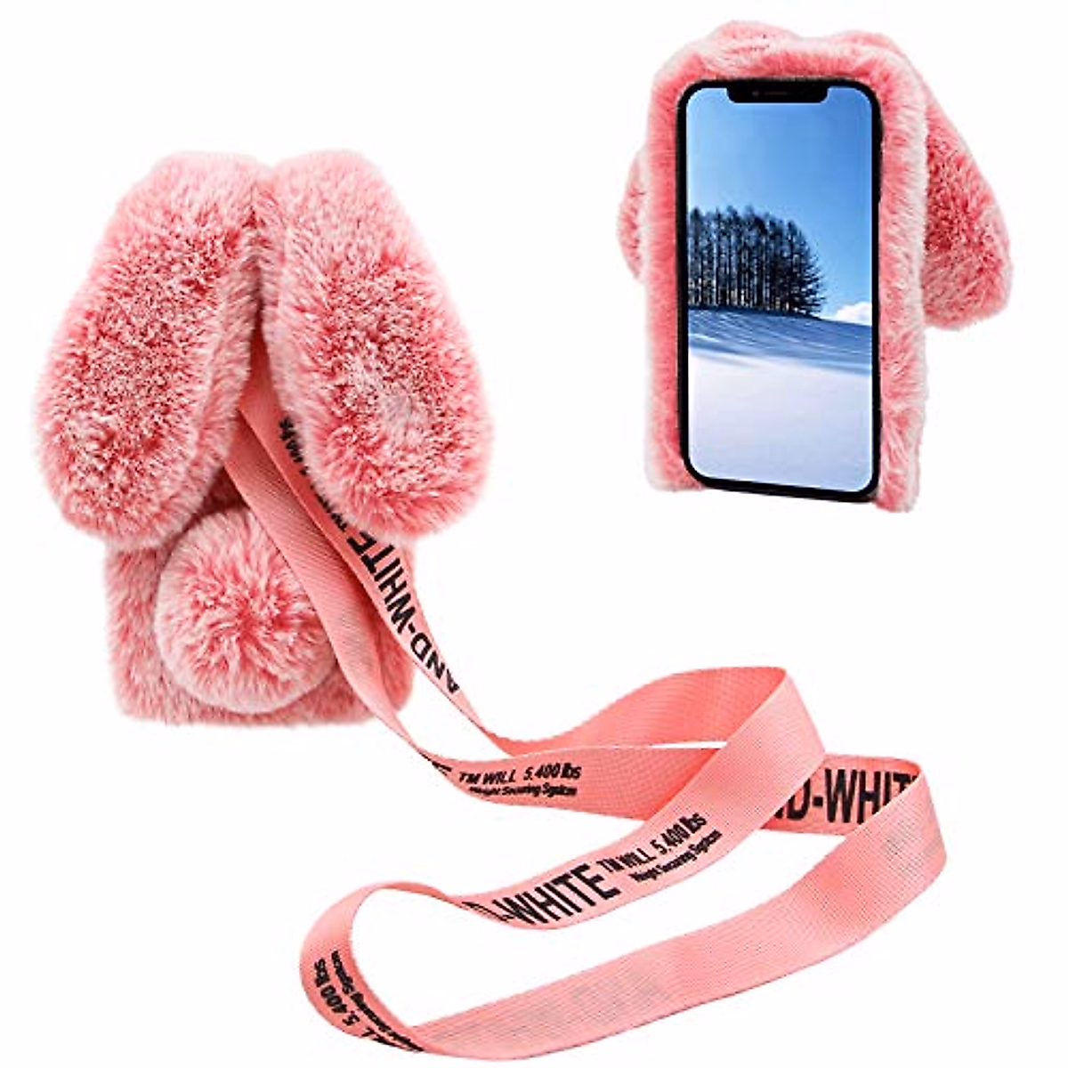 DasKAn for Samsung Galaxy S23 5G 3D Bunny Ears Plush Case with Crossbody Strap, Winter Warm Handmade Bling Diamond Soft Rabbit Fluffy Furry Fur Shockproof Protective Phone Cover, Pink