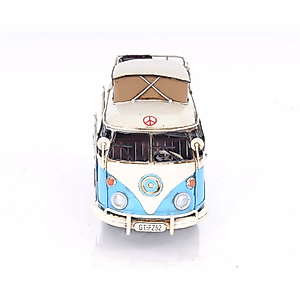 Old Modern Handicrafts Camp Bus Model with Rolling Wheels - 100% Handmade from Iron & Hand-Painted with Classic Blue & White Colors - 11.5L x 5.5W x 6H Inches