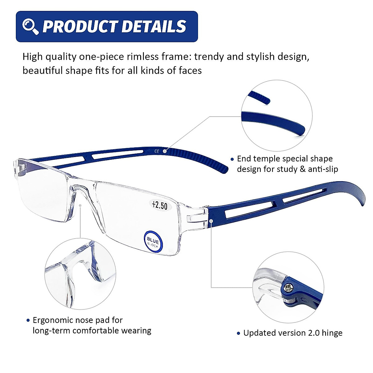 DOOViC 5 Pack Rimless Reading Glasses Blue Light Blocking Computer Readers Anti Eyestrain 2.50