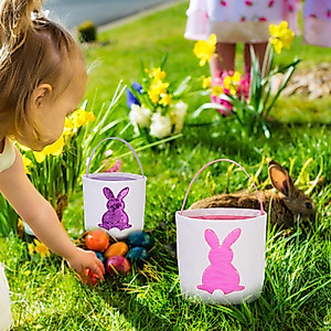 Zhuqing Easter Bunny Basket Bags, 2 Pack Bunny Bags with Fluffy Tail for Kids Boys Girls, Carrying Gift and Easter Eggs Hunt Bag, Printed Rabbit Canvas Toys Bucket Tote (Pink & Purple)