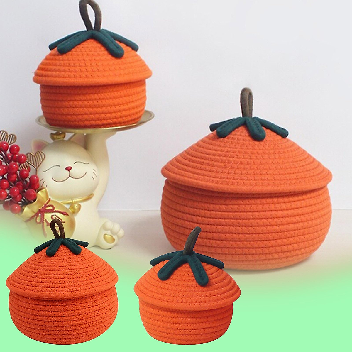 Halloween Storage Basket with Lid, Woven Pumpkin Basket, Cute Halloween Cotton Rope Woven Candy Basket Bag Organizer Bins for Halloween Party Favor Christmas Decorative Basket (S)