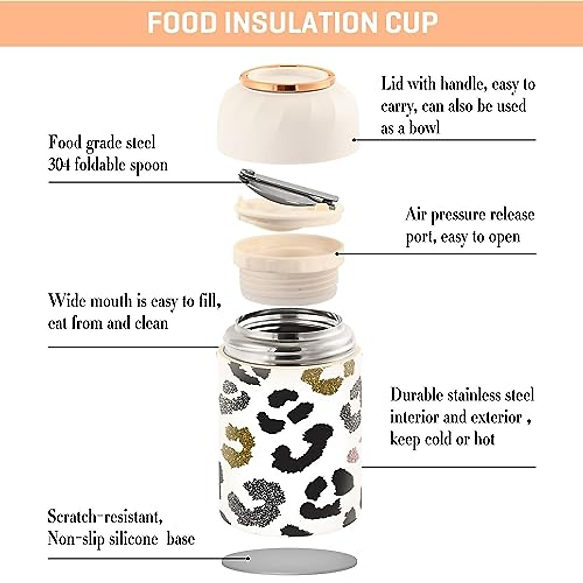 CUPADA Animal Skin Leopard Food Jar for Hot and Cold, Abstract Insulated Food Jars Vacuum 17OZ with Folding Spoon for Work Trip Picnic Camping