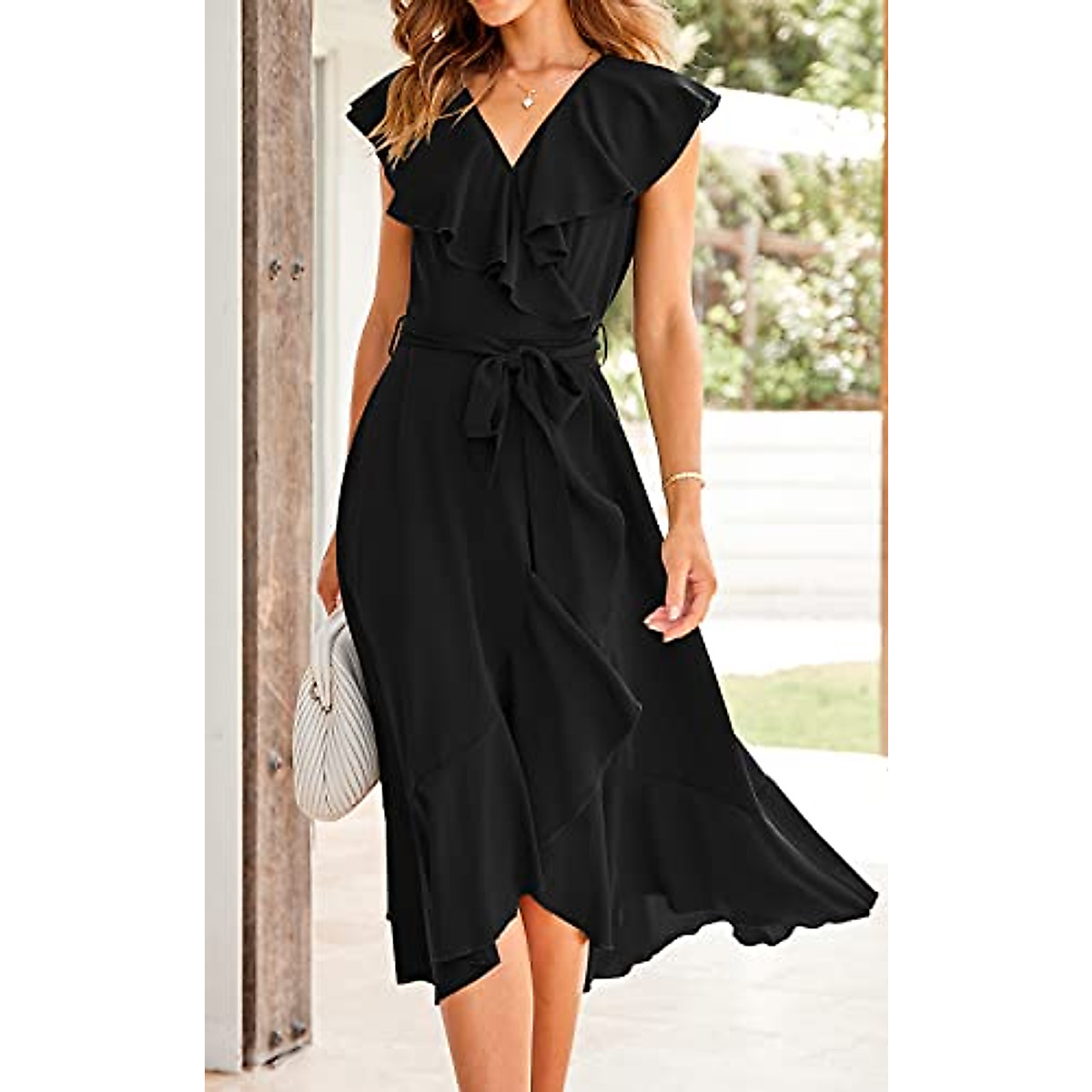 PRETTYGARDEN Women's Summer Wrap Maxi Dress Casual Boho Deep V Neck Short Sleeve Ruffle Hem Split Beach Long Dresses (Black,Large)