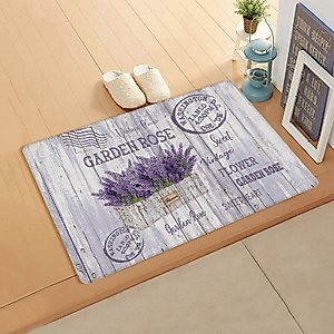Lavender Antifatigue Kitchen Bath Door Mat Cushioned Runner Rug,Washable Welcome Floor Sink Mat,Purple Flowers Vintage Postcard Wood Texture Waterproof & Non-Slip Comfort Standing Doormat,24"x36"
