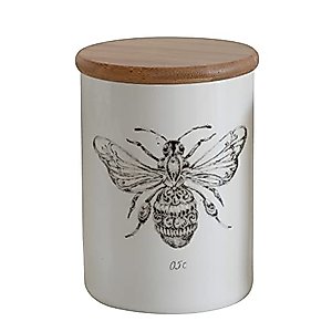Creative Co-op White Stoneware Bee Image & Bamboo Lid Jar, Canister, Multicolor