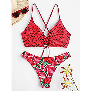 ZAFUL Women's Sexy Triangle Bikini Set Watermelon Print Spaghetti Strap 2 Piece Swimsuit Crisscross Low Cut Bathing Suit Red M