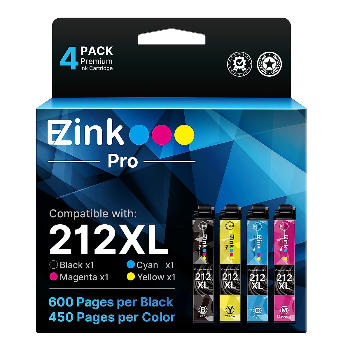 E-Z Ink Pro Remanufactured Ink Cartridges Replacement for Epson T212XL T212 212XL 212 XL to use with WF-2830 WF-2850 XP-4100 XP-4105 Printer (1 Black, 1 Cyan, 1 Magenta, 1 Yellow) 4 Pack