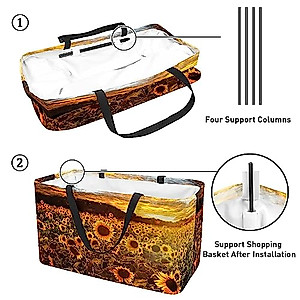 KQNZT Reusable Grocery Bags, Large Foldable Reusable Shopping Tote Bags Bulk for Groceries, Waterproof Kitchen Cloth Produce Bags with Long Handles, Sunrise Sunflower