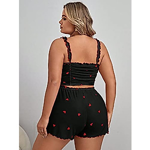 SOLY HUX Women's Plus Size Heart Print Mesh Pajama Set Cami Top and Shorts Lounge Sleepwear Black Heart 5XL