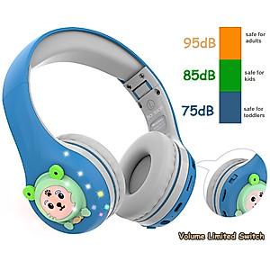 Riwbox FB-7S Frog Kids Headphones Bluetooth, LED Light Up Bluetooth Headphones Over Ear Volume Limited Safe 75/85/95dB with Mic and TF-Card, Children Headphones for School/PC (Blue&Grey)