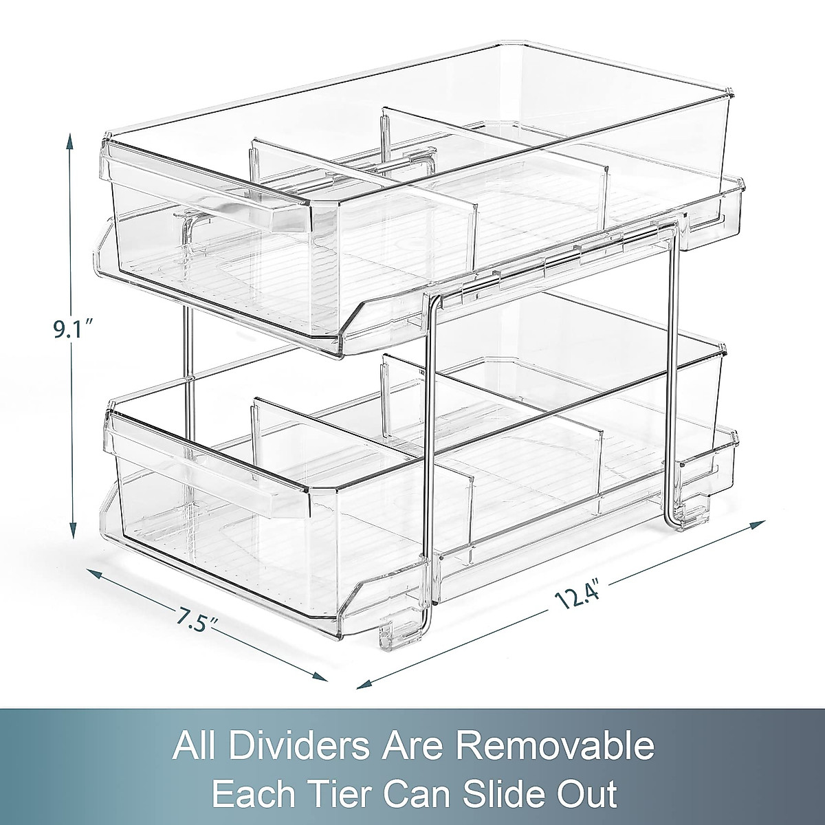 LANDNEOO 2 Tier Clear Organizer with Dividers + Set of 8, Stackable Clear Bins with Removable Dividers - Pantry Food Snack Organization and Storage - Multi-Purpose Plastic Home Organizer