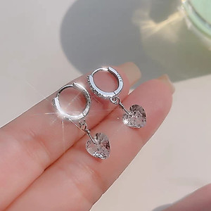 Huggie Crystal Heart Hoop Earrings for Women Girls 925 Sterling Silver CZ Charms Dangle Drop Small Hoops Cartilage Hypoallergenic Piercing Cuff Wrap Cute Birthday Valentine Mother's Day Jewelry Gifts for Her (Silver)