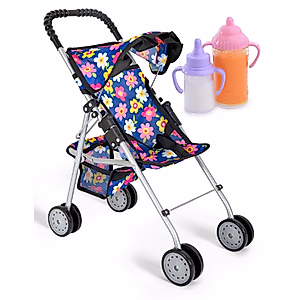 fash n kolor® - Doll Stroller My First Baby Doll Strollers Toy - Flower Design with Basket in The Bottom- Doll Accessories 2 Free Magic Bottles Included - New Year Gift, Boys, Girls
