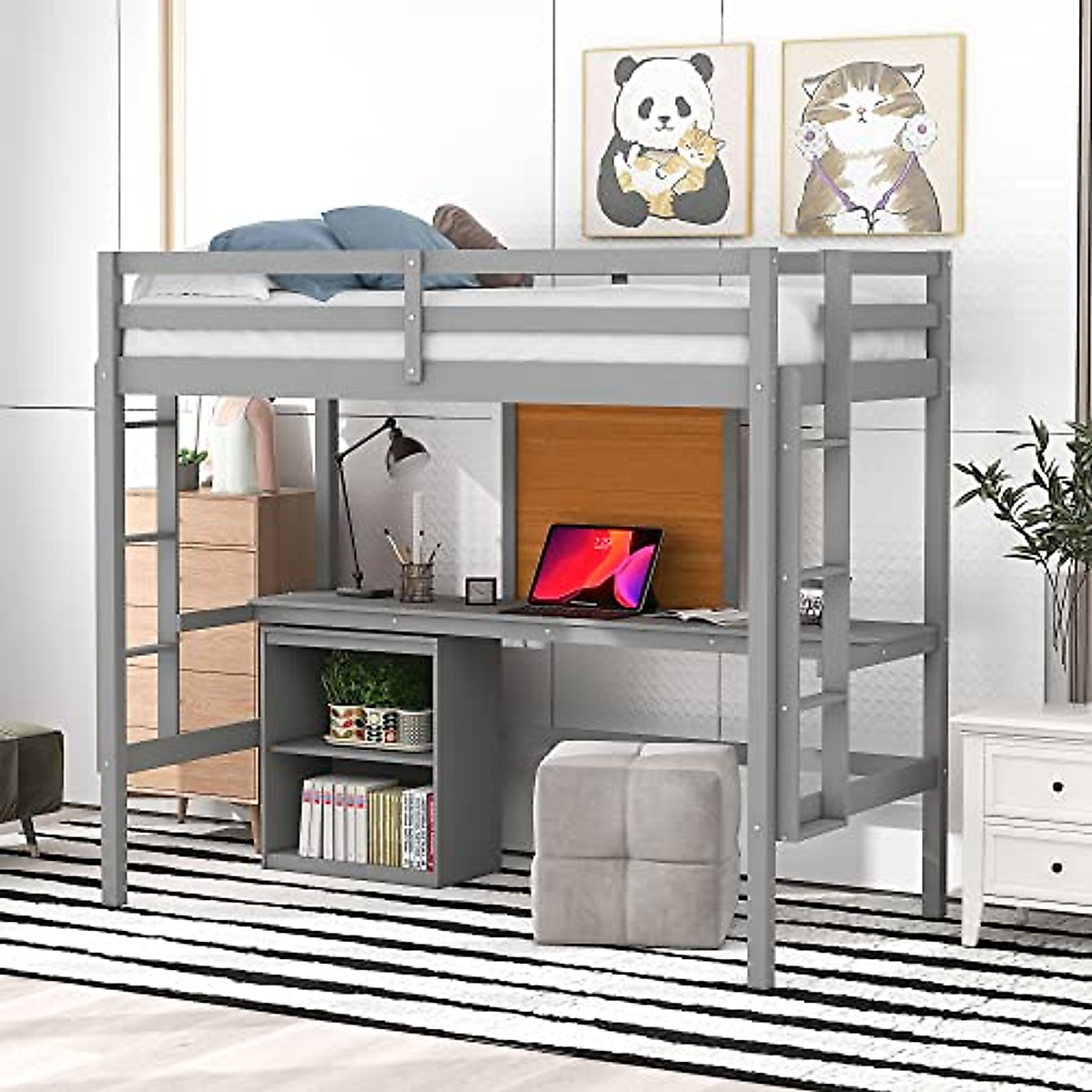 BOVZA Twin Size Loft Bed with Desk and Writing Board, Wood Loft Bed Frame with 2 Drawers Cabinet and 2 Side Ladders, Gray