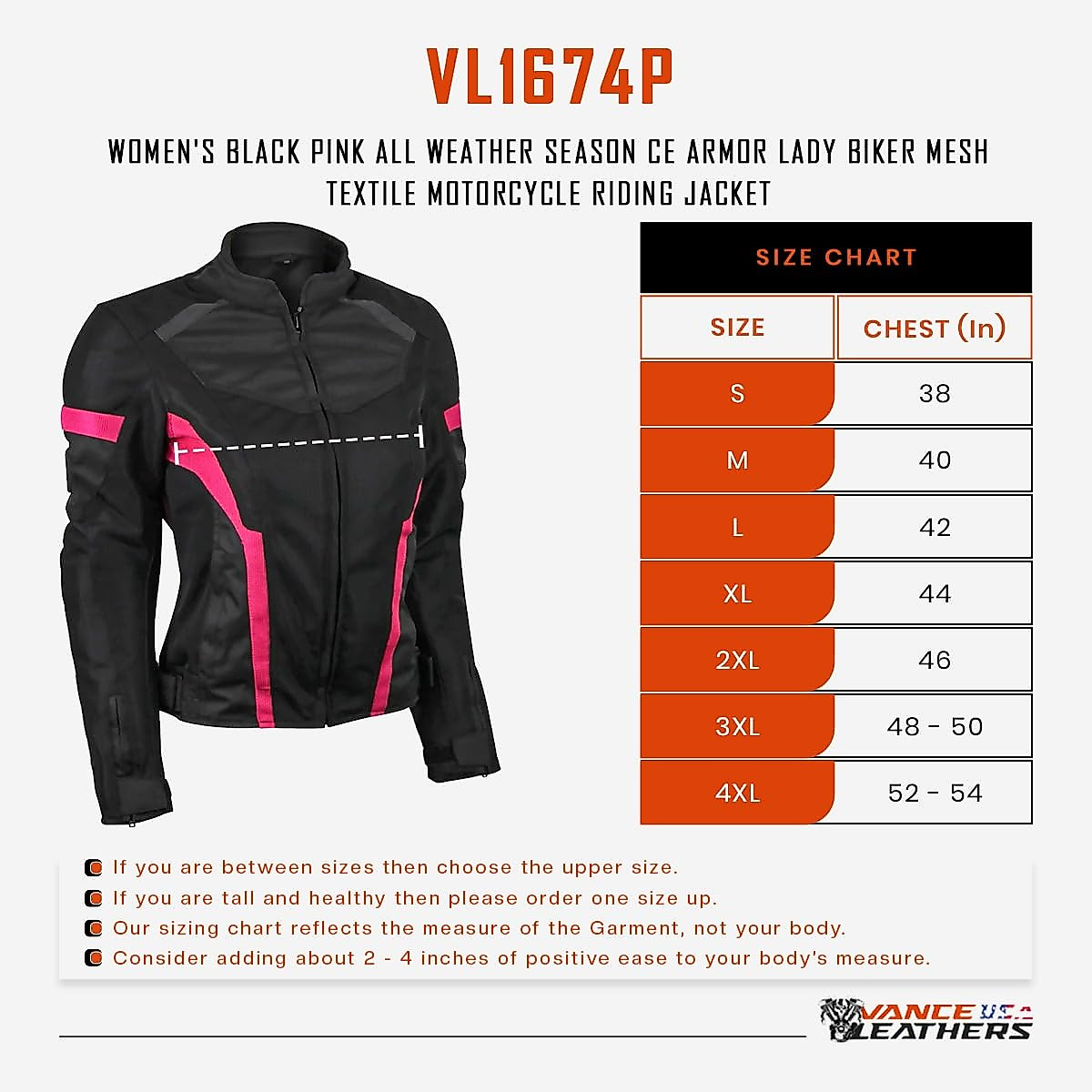 Vance Advance Womens All Weather Season CE Armor Mesh Motorcycle Biker Riding Jacket (4XL, Pink)