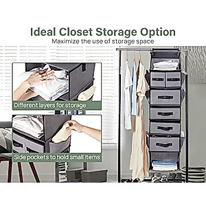 Kootek 7 Shelf Hanging Closet Organizer with Drawers, Hanging Closet Shelves Closet Storage 6 Clothing Drawer Side Pockets for Clothes, Bras, Socks, Underwear, Nursery Room, Wardrobe