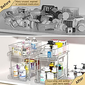 HIHEGD 2 Tier Bathroom Storage Organizer with Dividers, Clear Under Sink Organizers and Storage Pull Out Cabinet Organizer for Bathroom Kitchen Pantry Storage, Medicine Cabinet Organizer