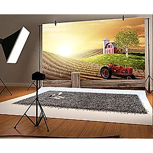 LFEEY 7x5ft Morning Busy Farm Photography Background Fresh Sunrise Country Hills Agriculture Farmland Truck Rural Farming Barn Tractor Photo Backdrop Photo Studio Props